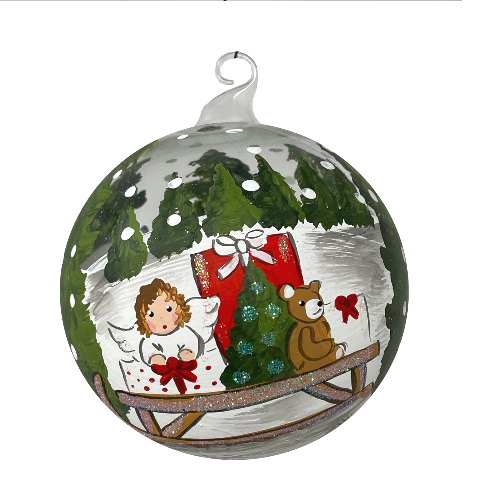 Weihnachtskugel mit Gabenschlitten ca. 8 cm, Kugel klar mit Glasöse, wundervoll von Hand bemalt.